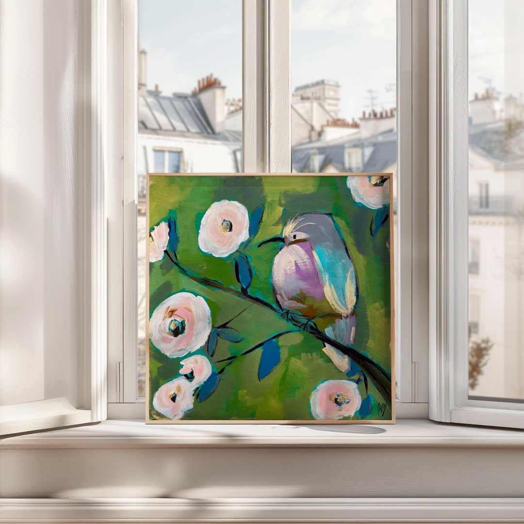 Bird Artwork Print | Green Boho Floral Giclée | Botanical Wall Original ...