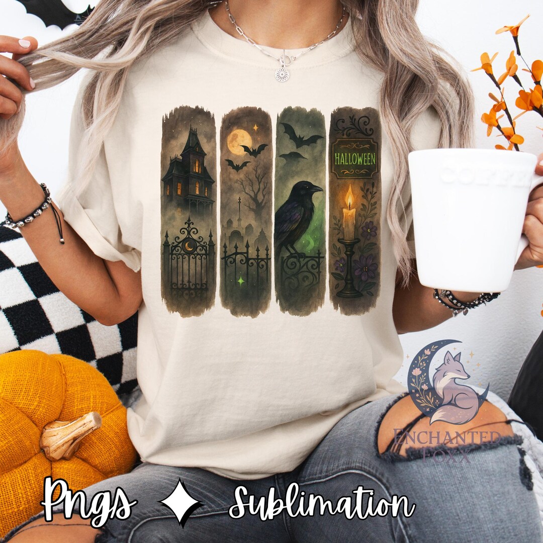 Vintage Haunted House & Raven Halloween PNG Sublimation Design Instant ...