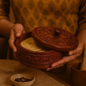 Handmade Wooden Chapati Box With Lid Floral Carved Roti Storage ...