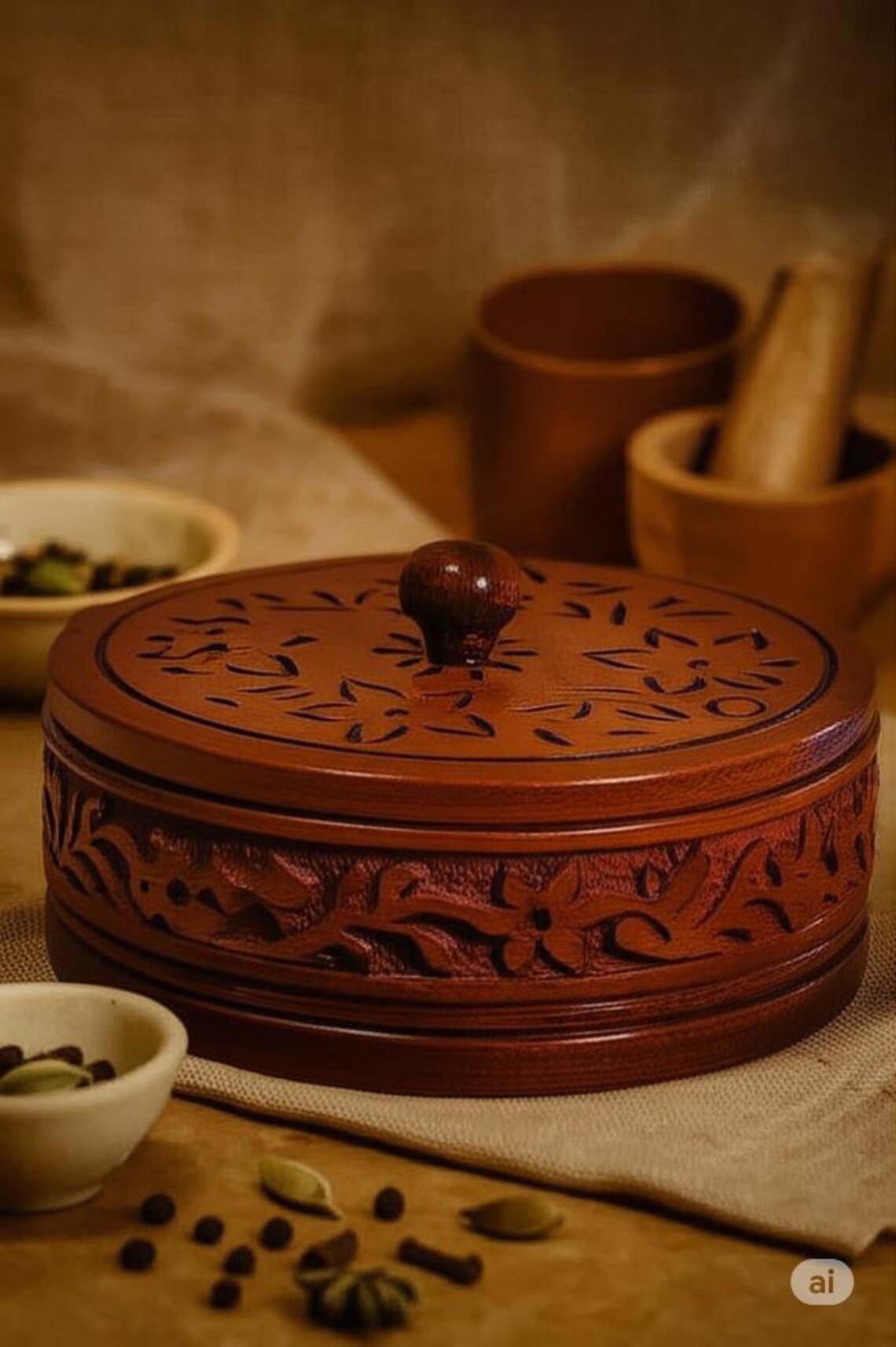 Handmade Wooden Chapati Box With Lid Floral Carved Roti Storage ...