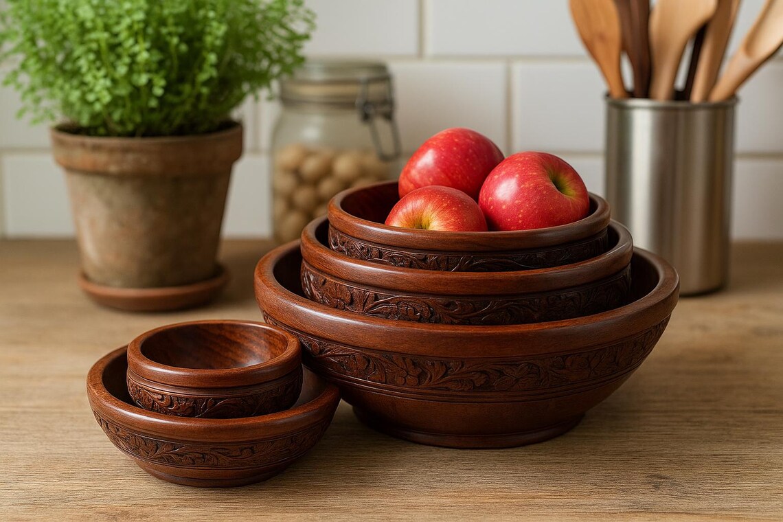 Handmade Sheesham Wood Bowl Set | Hand Carved Indian Nesting Bowls for ...