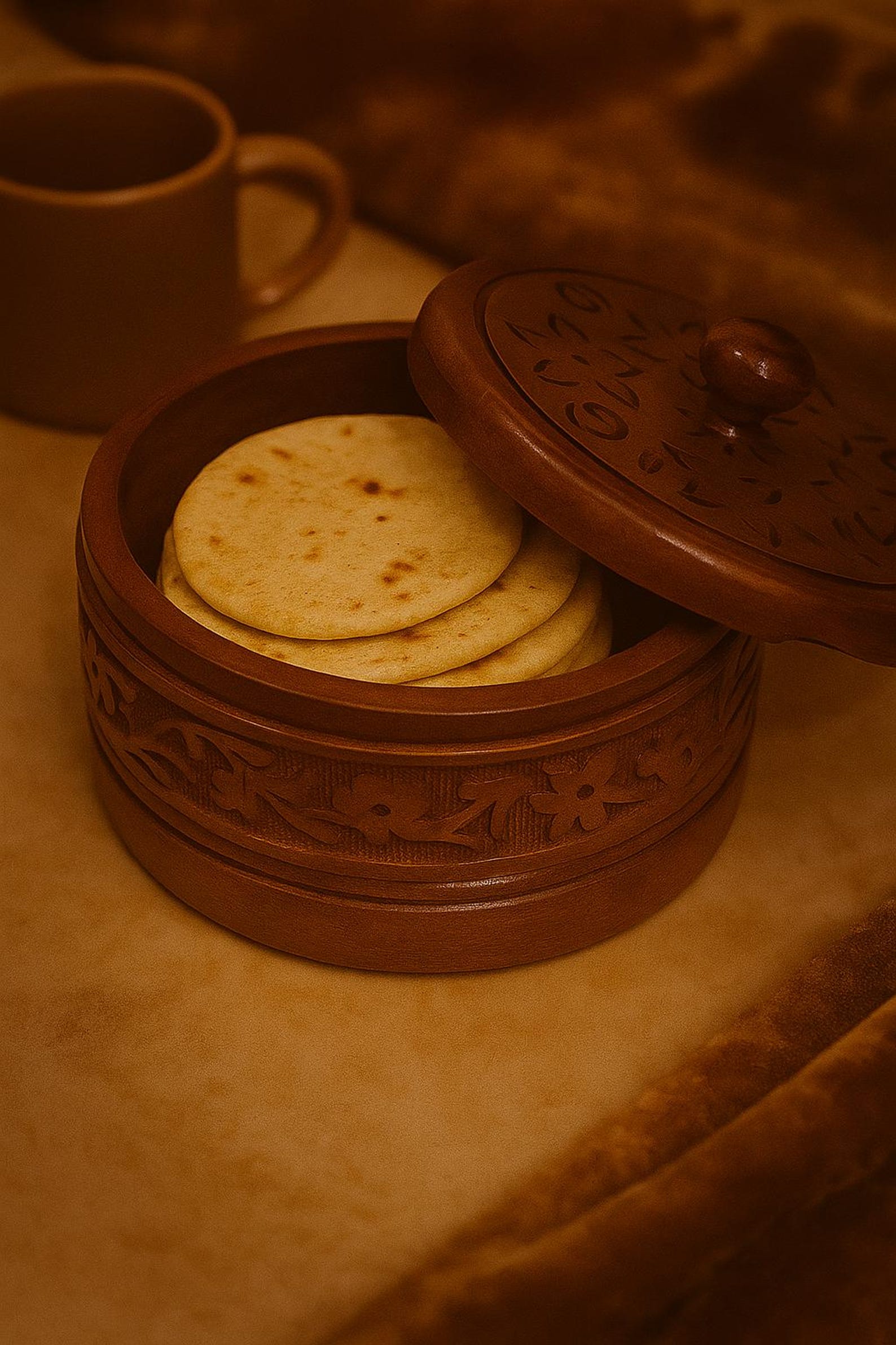 Handmade Wooden Chapati Box With Lid Floral Carved Roti Storage ...