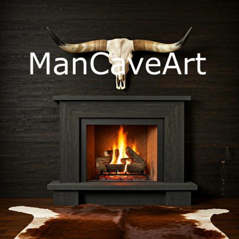 Rustic Wall Art Bull Horns Cow Skin Rug Office Man Cave Den Garage ...