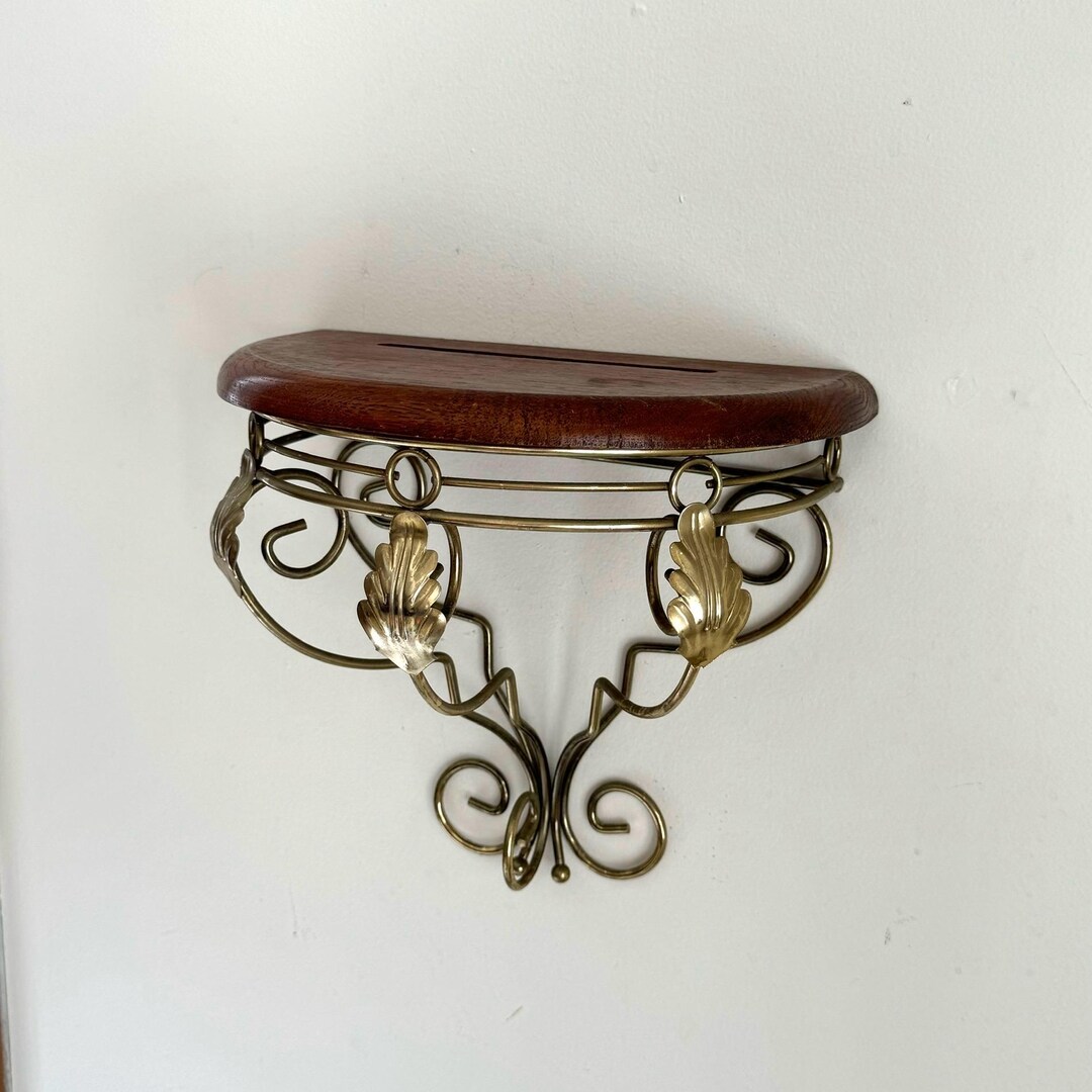 Vintage Floating Half Moon Wood and Gold Metal Wall Shelf With Plate ...