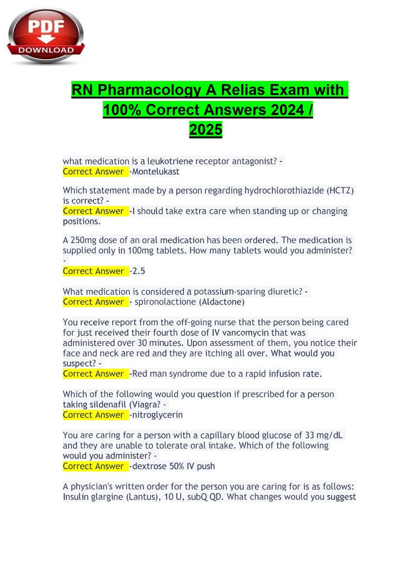 RN Pharmacology A Relias Exam With 100% Correct Answers (2024 /2025) - Etsy