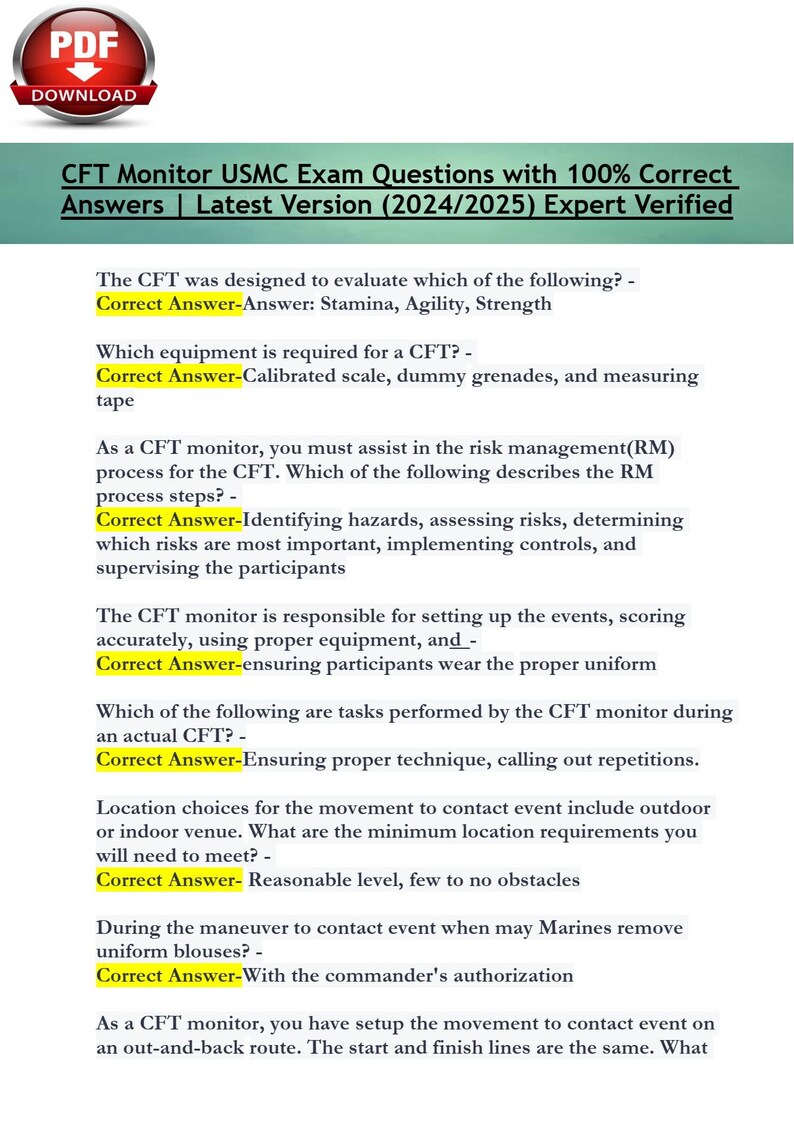 CFT Monitor USMC Exam Questions With 100% Correct Answers | Latest ...
