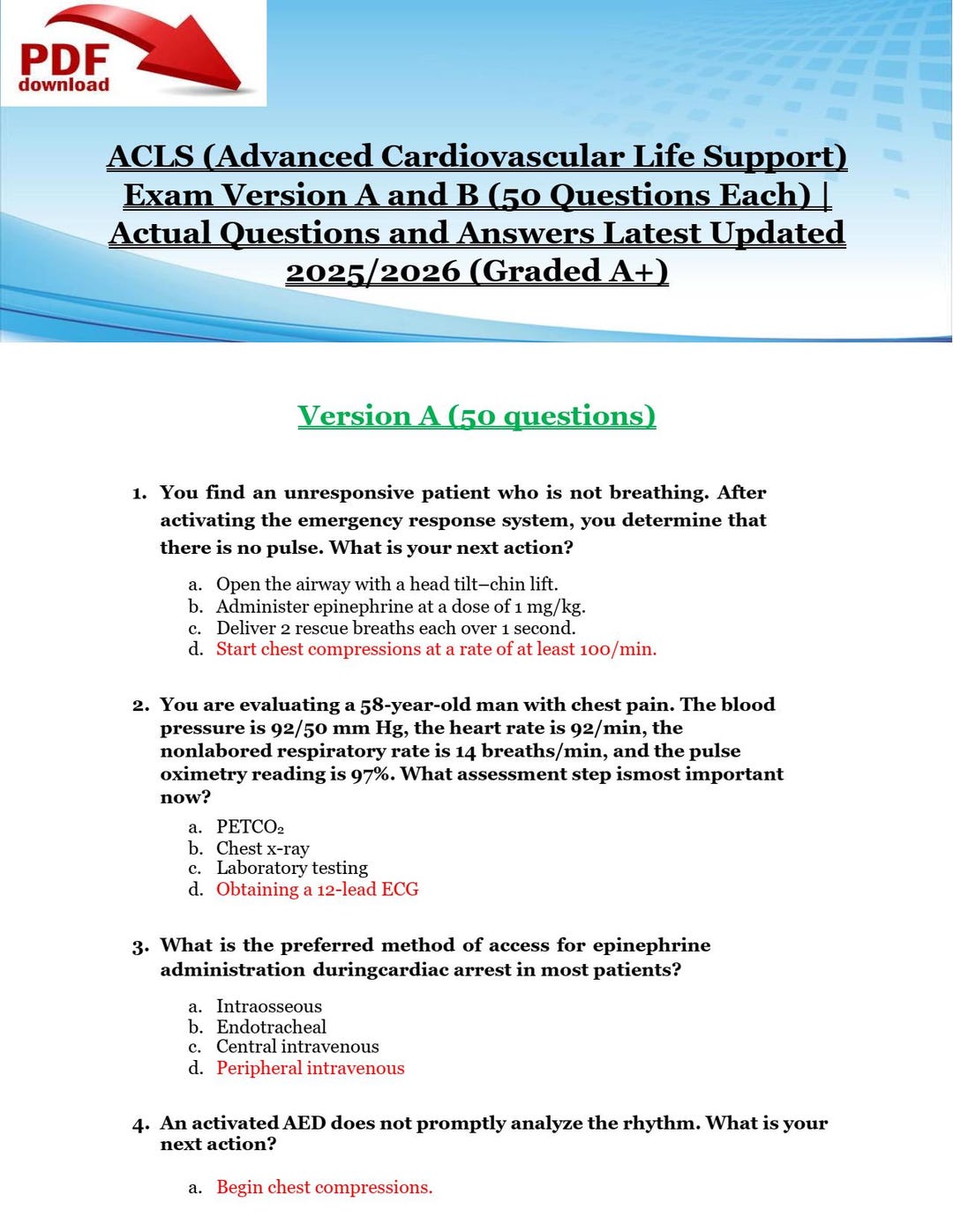 ACLS Exam Version A and B (50 Questions Each) | Actual Questions and ...