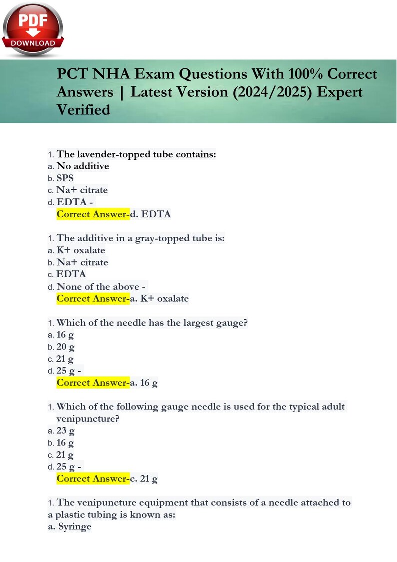 PCT NHA Exam Questions With 100% Correct Answers | Latest Version (2024 ...
