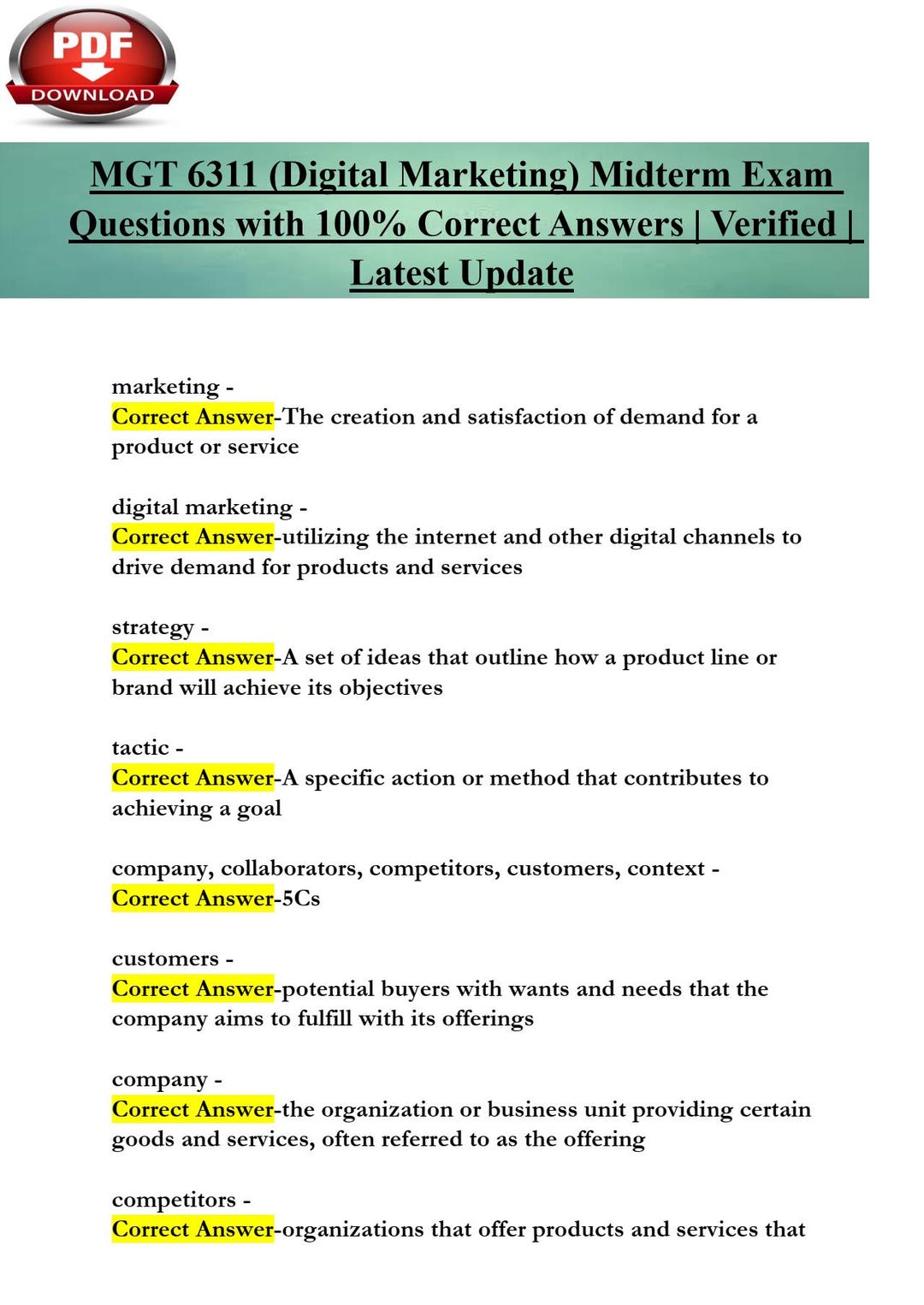 MGT 6311 (digital Marketing) Midterm Exam Questions With 100% Correct ...