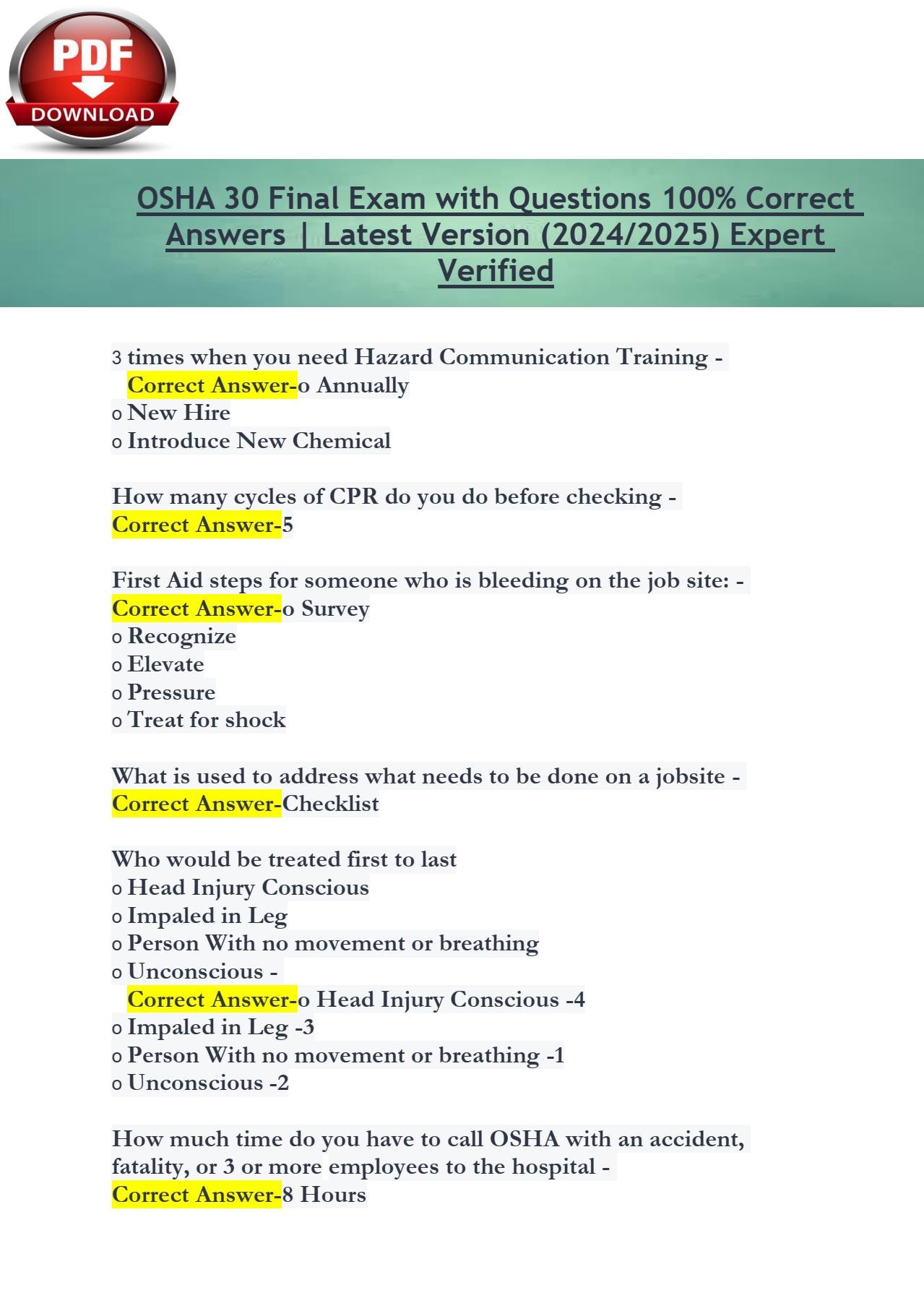 OSHA 30 Final Exam With Questions 100% Correct Answers | Latest Version ...