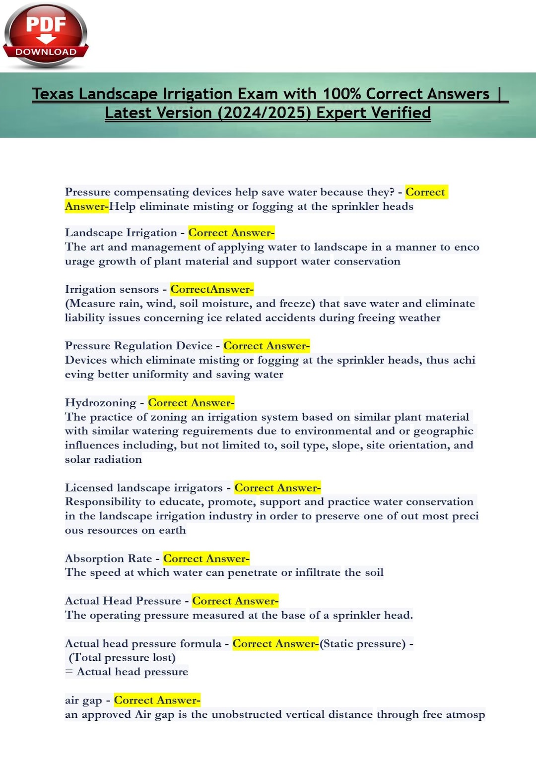 Texas Landscape Irrigation Exam With 100% Correct Answers | Latest ...