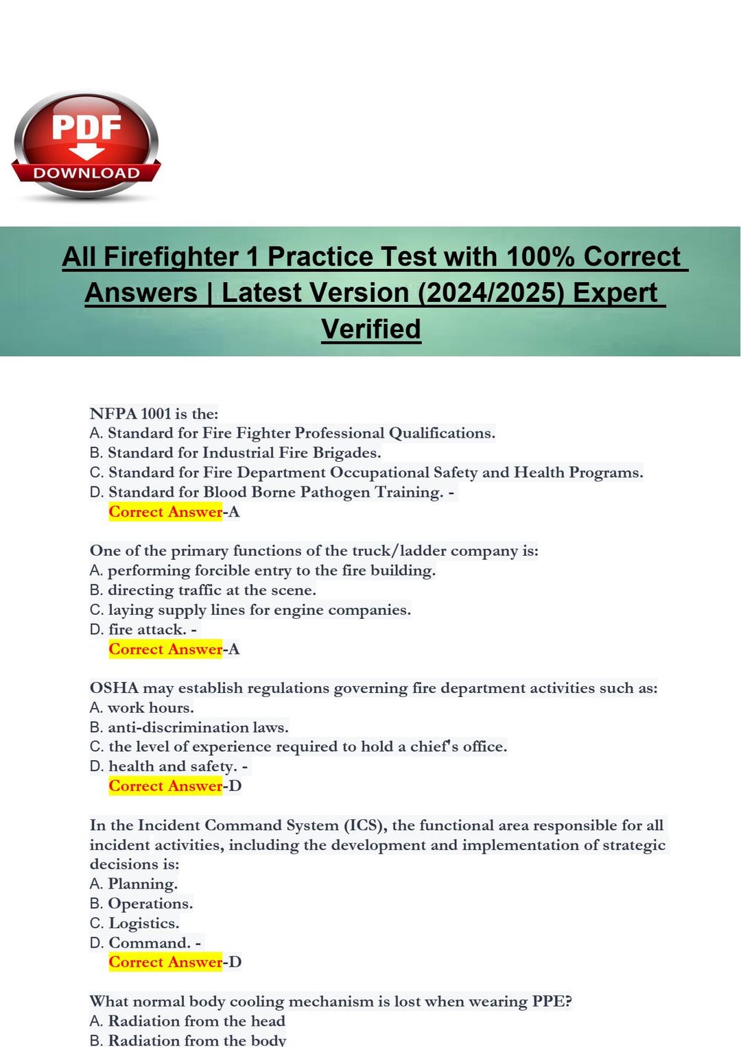 All Firefighter 1 Practice Test With 100% Correct Answers | Latest ...
