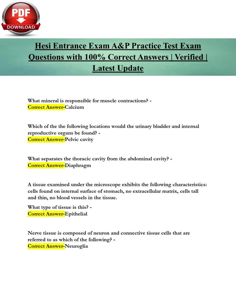Hesi Entrance Exam A&P Practice Test Exam Questions With 100% Correct ...