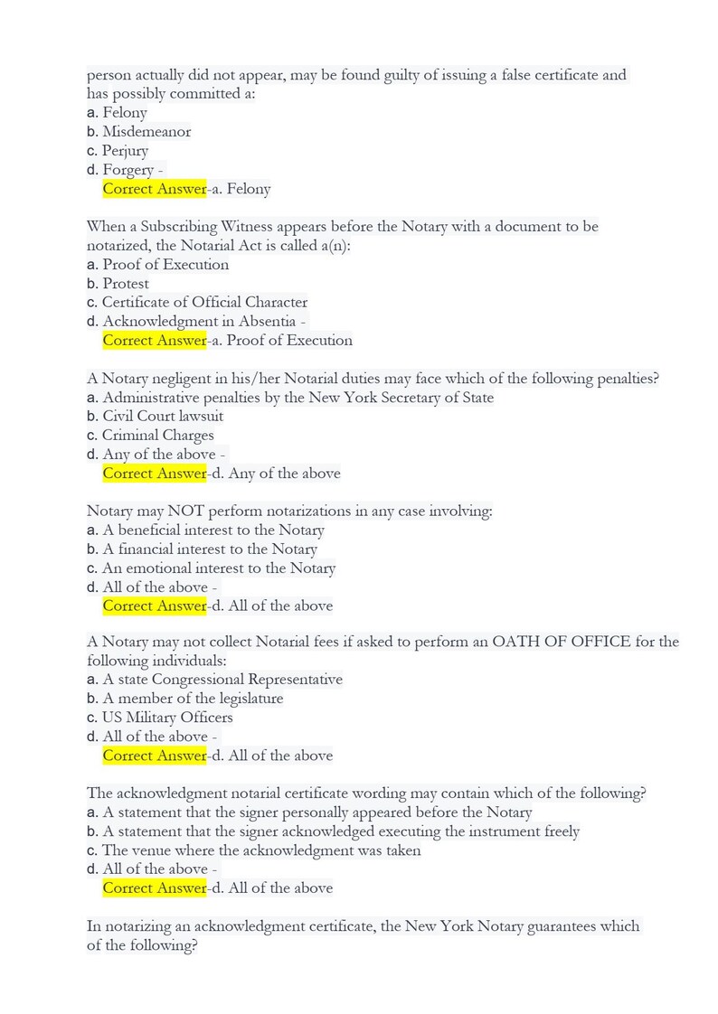 NYS Notary Exam Questions With 100% Correct Answers | Verified | Latest ...