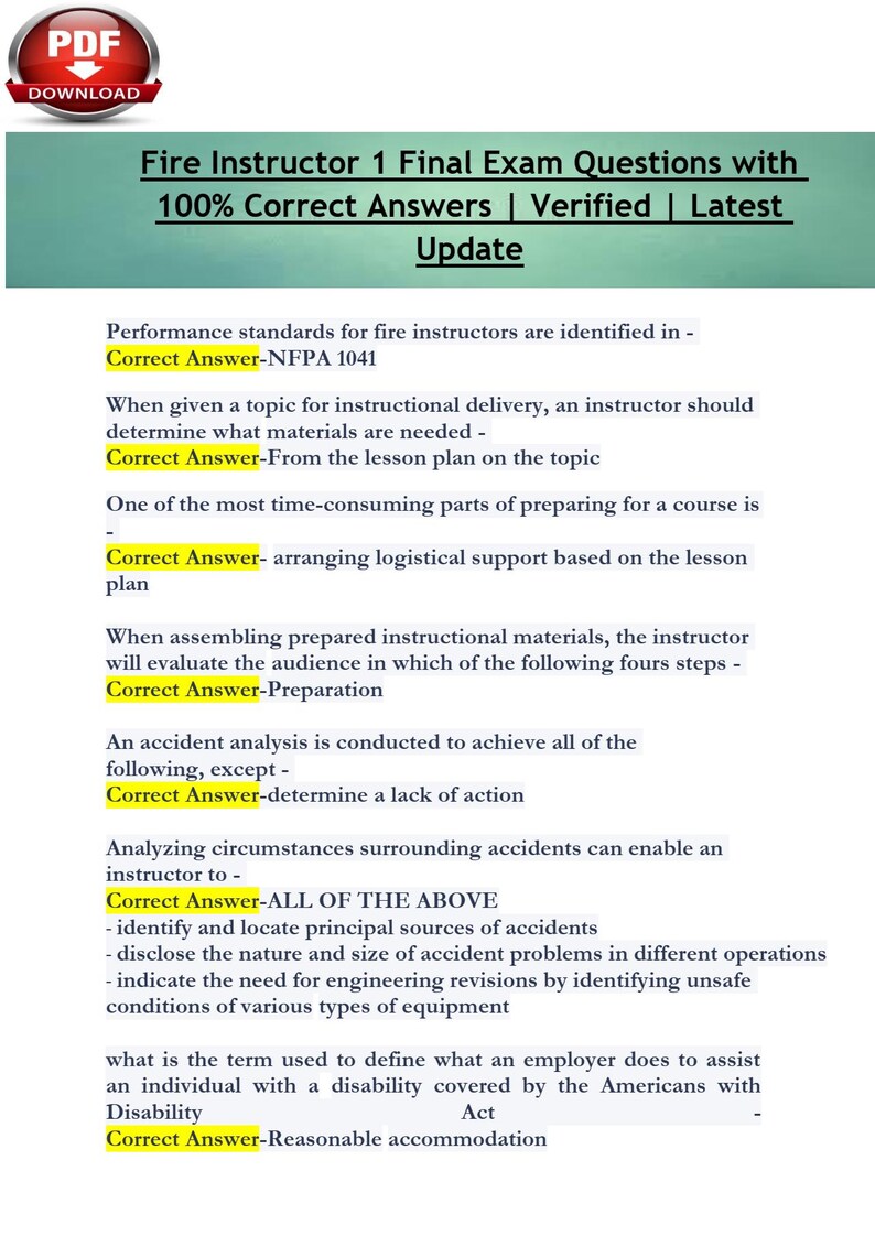 Fire Instructor 1 Final Exam Questions With 100% Correct Answers ...