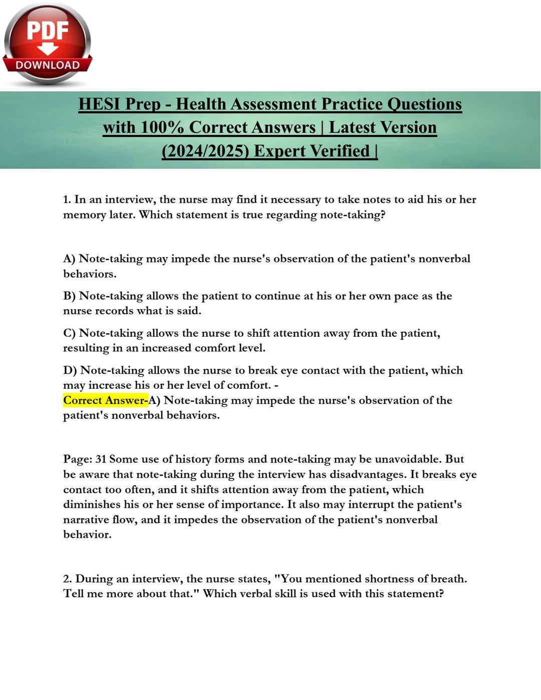 HESI Prep - Health Assessment Practice Questions With 100% Correct ...