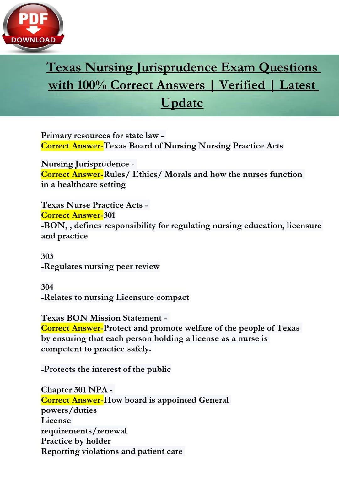 Texas Nursing Jurisprudence Exam Questions With 100% Correct Answers ...