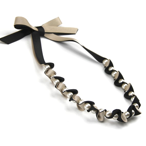 Items similar to Black and Gold Ruffle Ribbon and Pearl Necklace ...