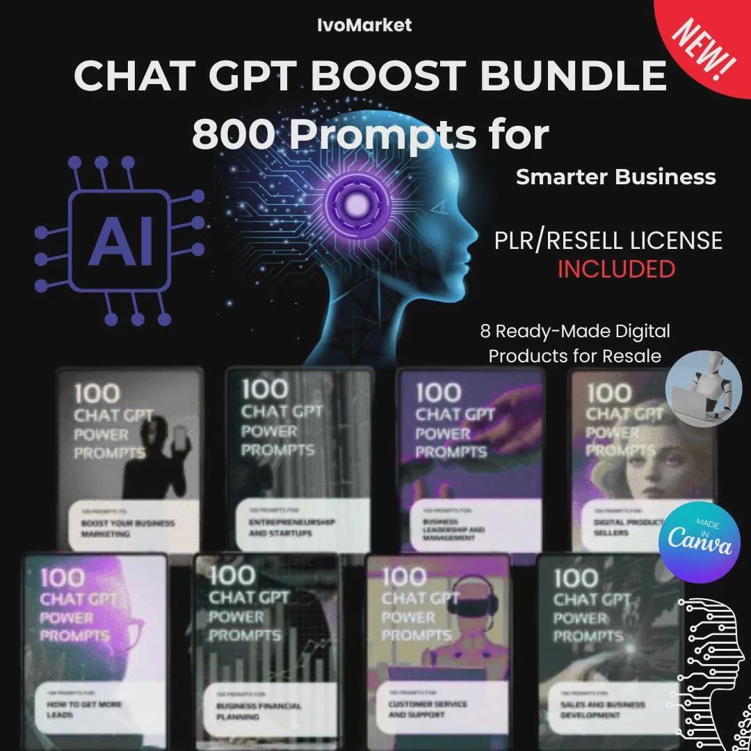 800 Chatgpt Power Prompts PLR Ebook Bundle | Editable Canva Templates ...