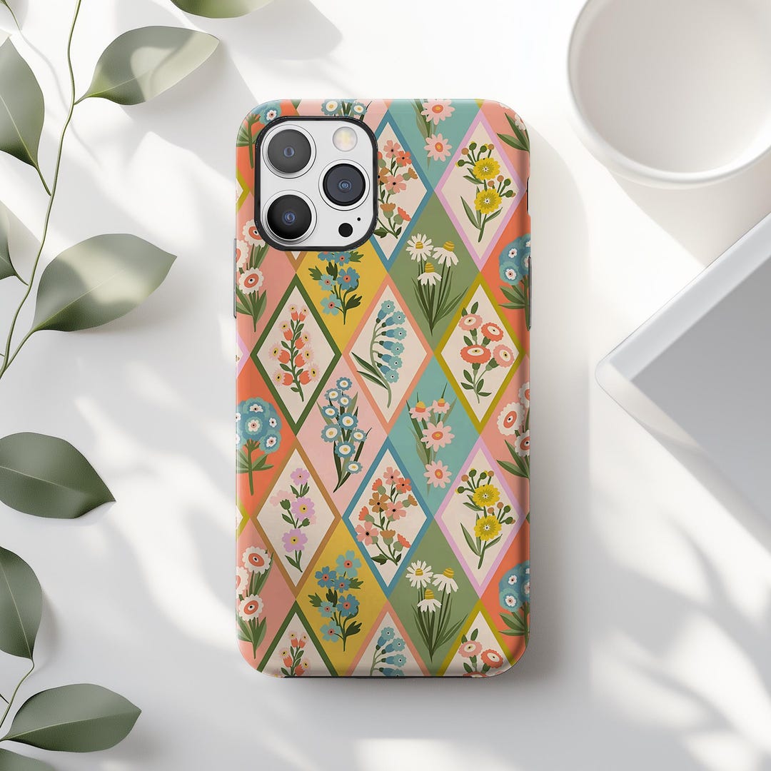 Floral Grid Phone Case: Botanical Pattern iPhone 17 16 15 14 13 12 11 X ...