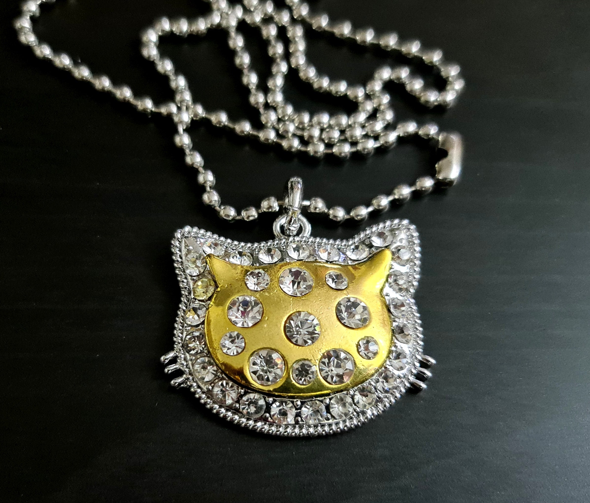 Large Gold Cat Pendant Necklace Rhinestone Cat Face Vintage Pendant ...