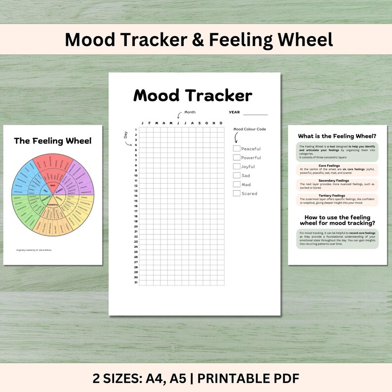 Mood Tracker With Feeling Wheel: Printable Mood Chart (A4/A5 PDF) - Etsy