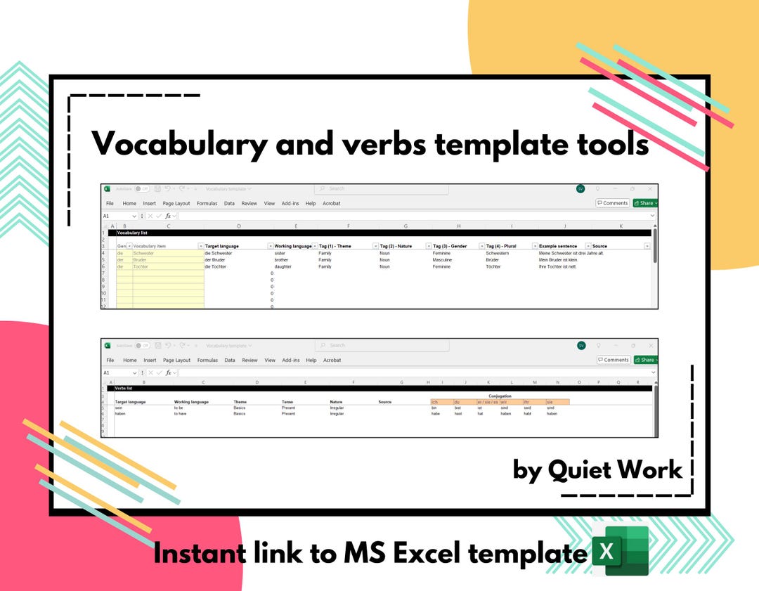 Excel Vocabulary and Verbs Template Tools for Language Learning ...