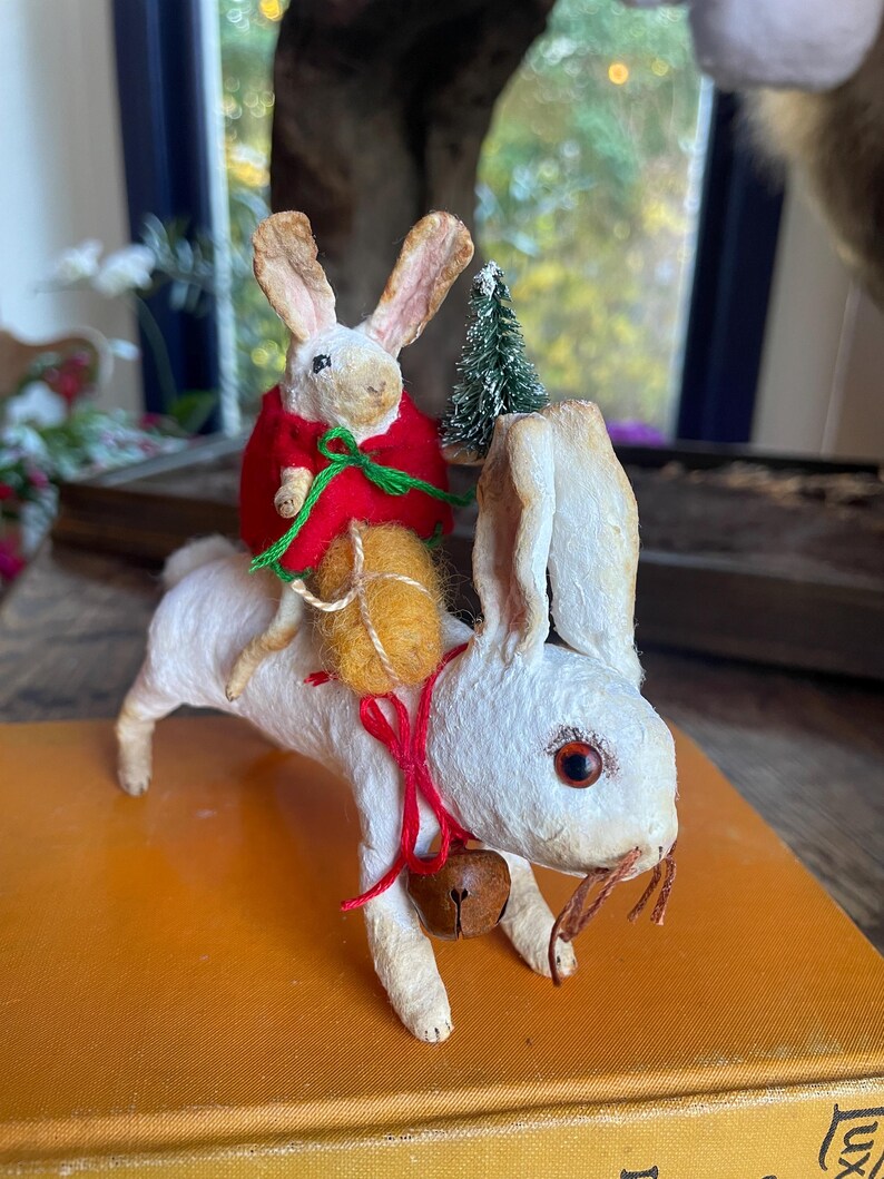 Spun Cotton Christmas Rabbit Riding a Rabbit - Etsy