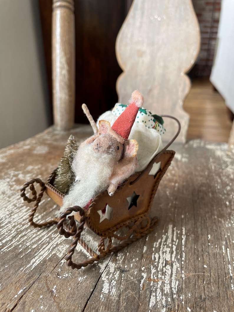 Spun Cotton Santa Mouse in Sleigh Ornament - Etsy