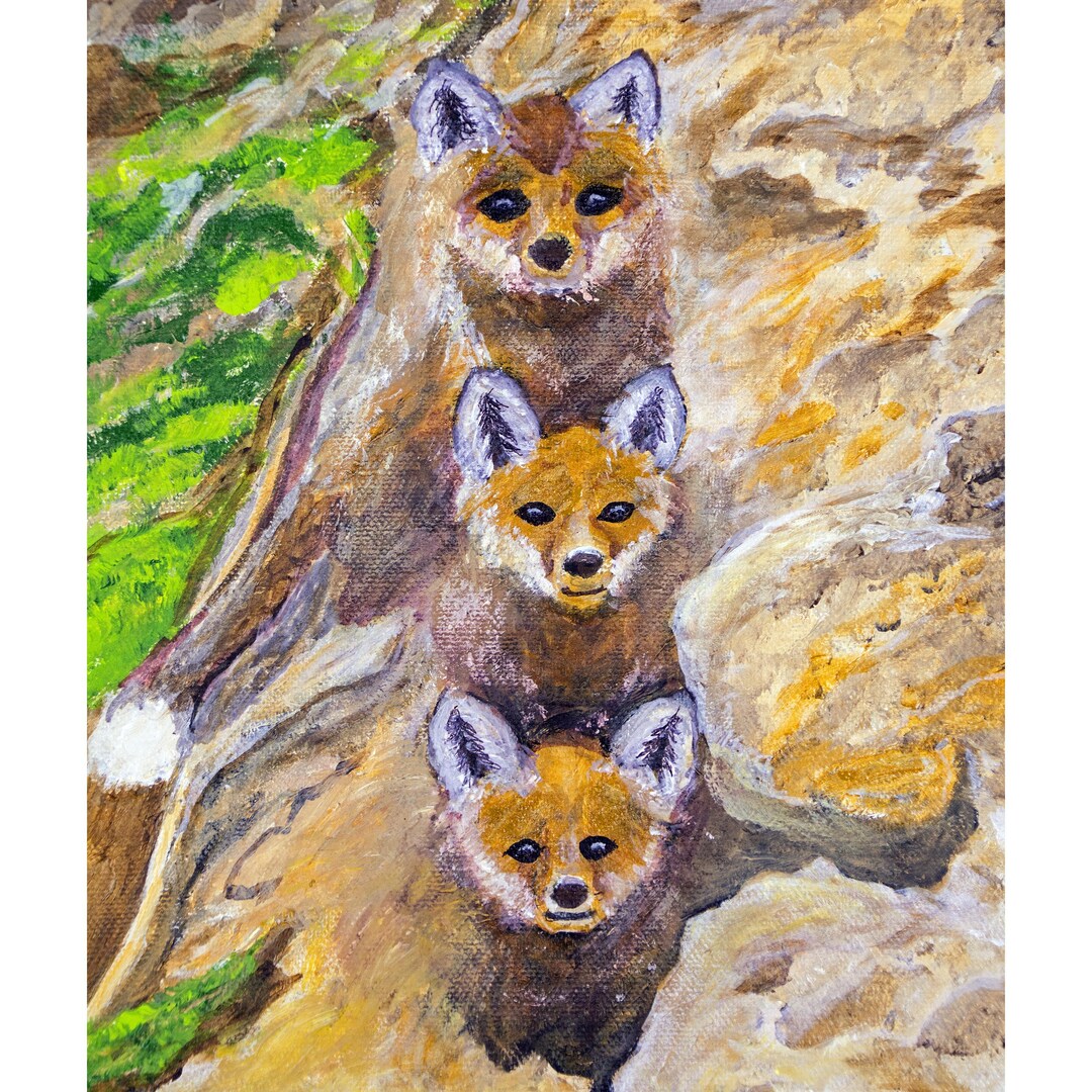 Fox Kits Original Acrylic Painting, Rustic Impressionistic Art (8x10 In ...