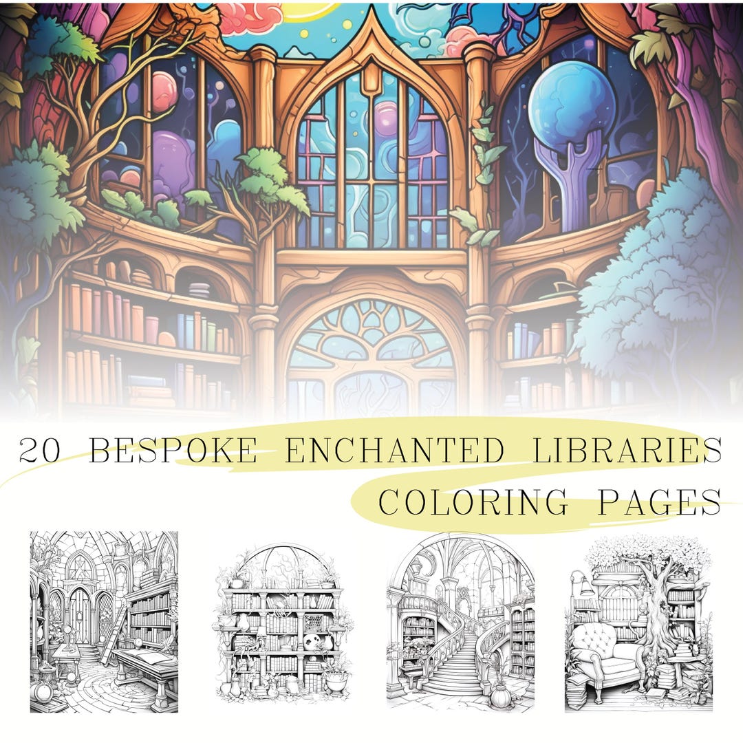 20 Enchanted Libraries Coloring Pages, Fantasy Coloring Sheets, Adult ...