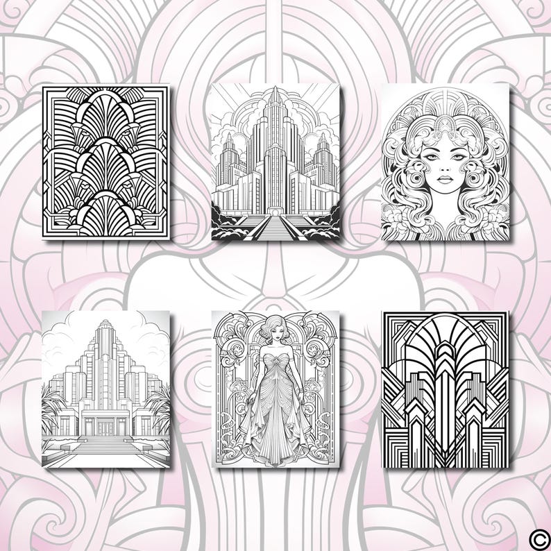 20 Art Deco Coloring Pages: Detailed Greyscale Images (printable PDF ...