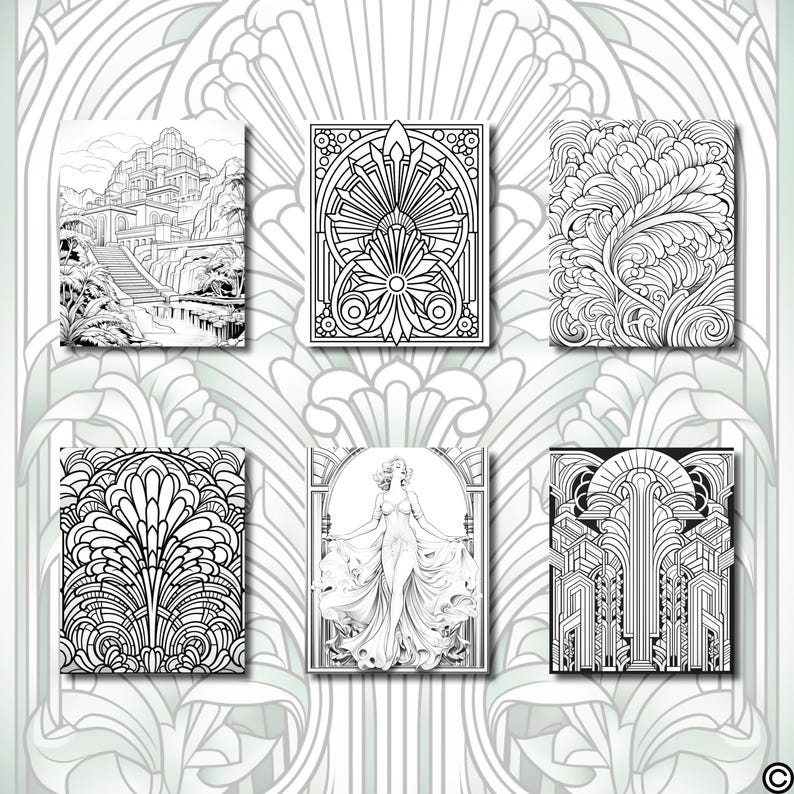 20 Art Deco Coloring Pages: Detailed Greyscale Images (printable PDF ...