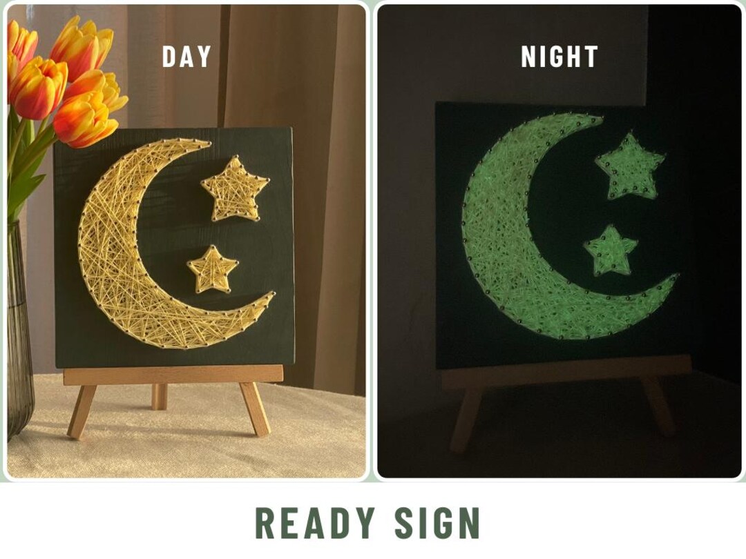 String Art Moon, Stars, Glow in the Dark, Neon, Wood Wall Art, Grandma ...