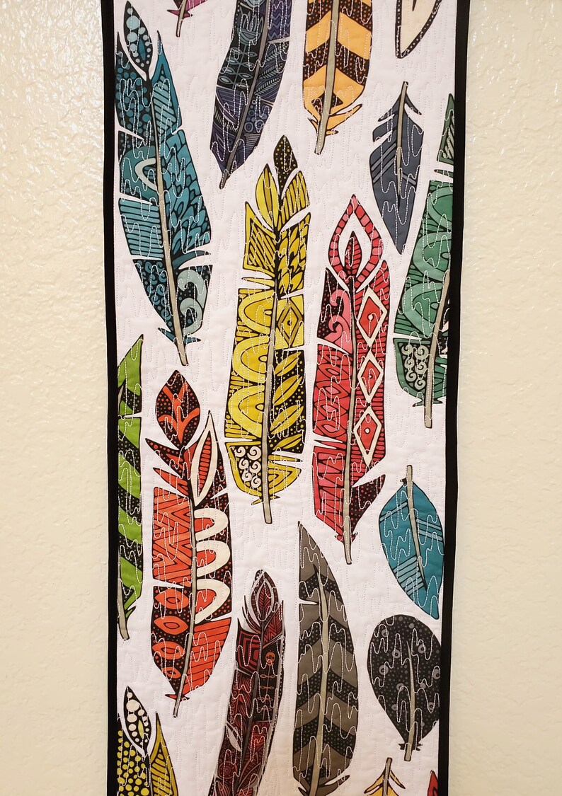Quilted Table Runner Art Quilt Feathers Wall Hanging - Etsy
