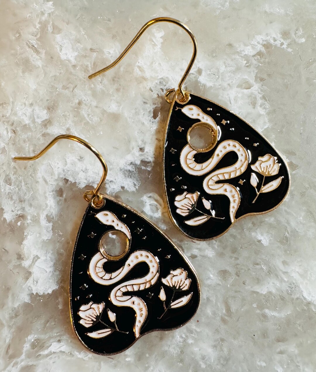 Snake Ouija Board Planchette Enamel Earrings With White Roses - Etsy