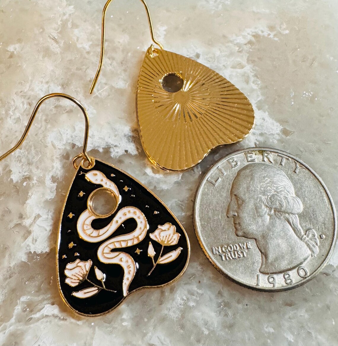 Snake Ouija Board Planchette Heart Enamel Earrings With White Roses - Etsy