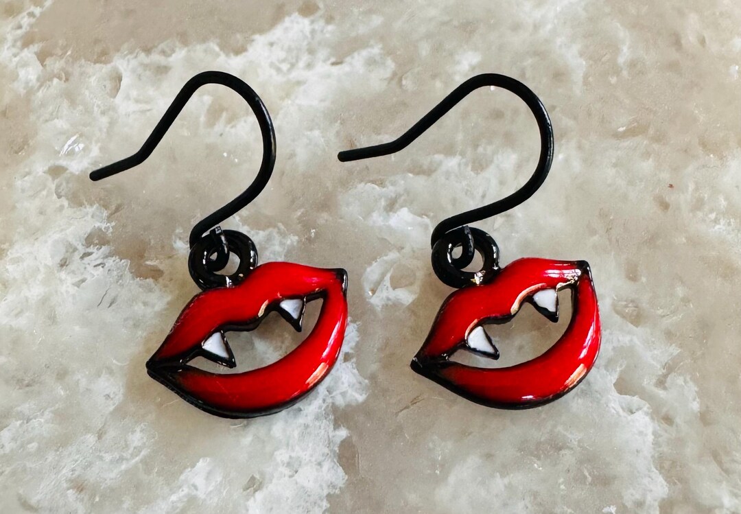 Vampire Fangs, Lips, Mouth. Red Lips Enamel Earrings - Etsy