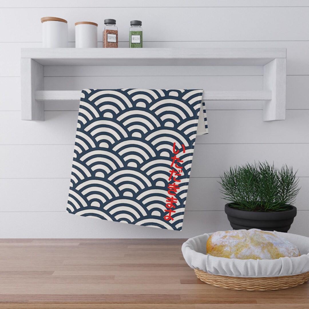 Japanese Kitchen Towel Itadakimasu Tea Towel Seigaiha Wave Pattern Dish ...