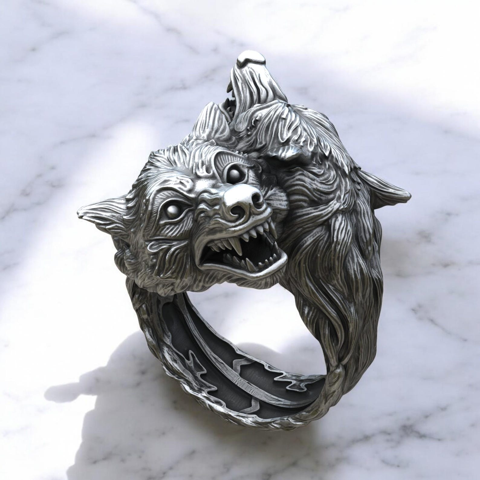 Fierce Wolf Head Ring, 925 Sterling Silver Double Animal Band, Double Wolf Head Handcrafted ...