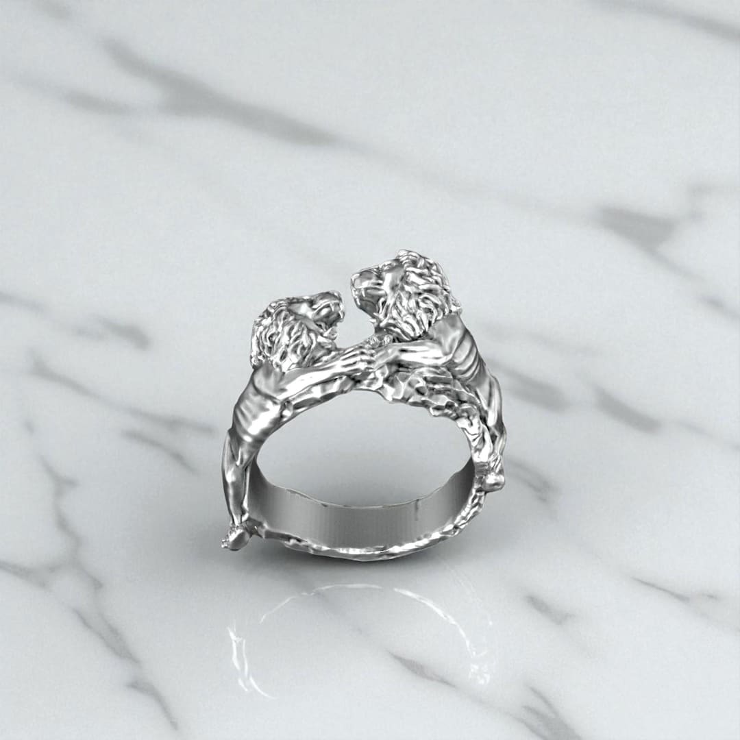 Handmade Sterling Silver Two Lions Fighting Ring, Statement Animal Ring ...