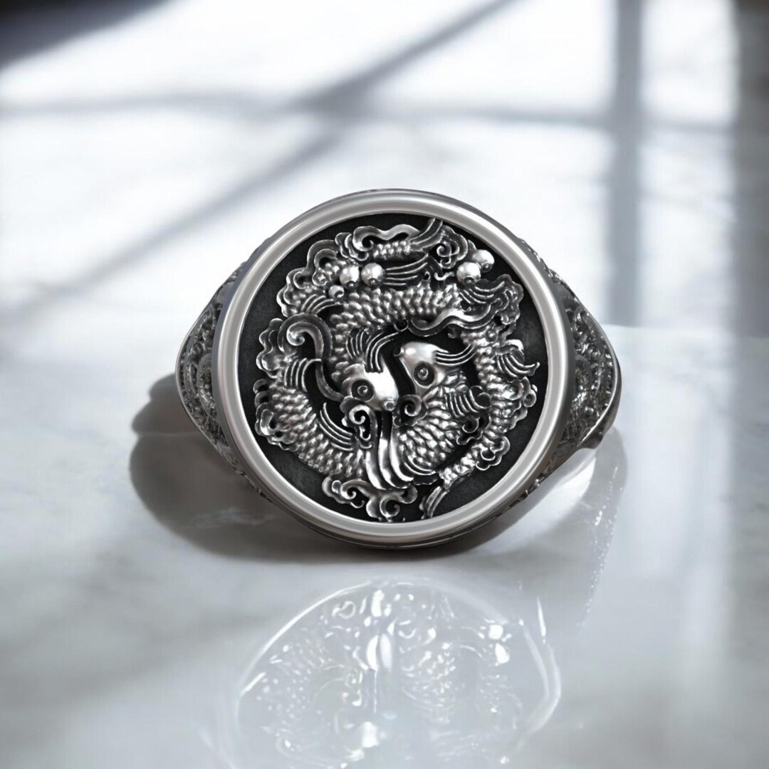 Sterling Silver Signet Ring, Traditional Chinese River Fish Ornament - Etsy