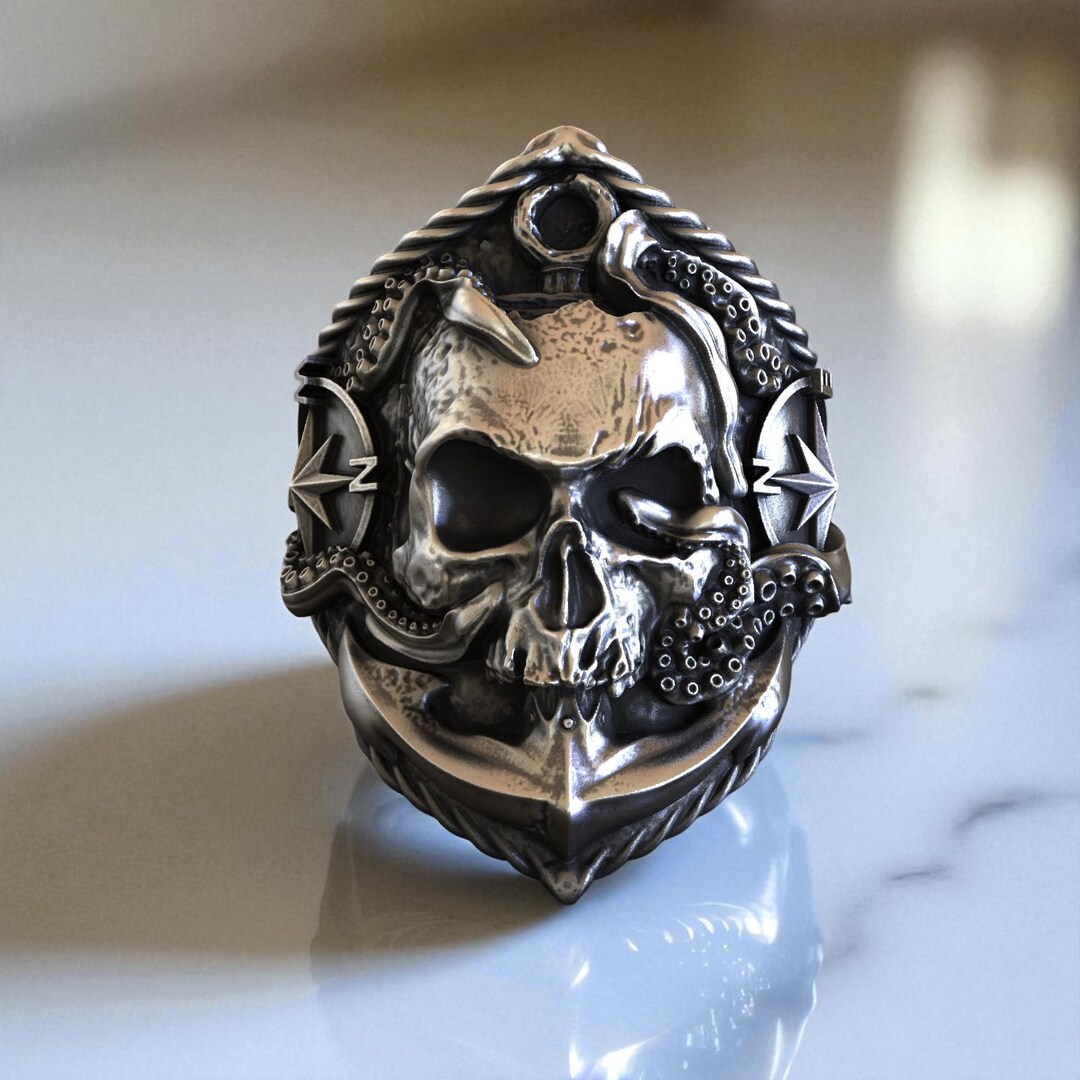 Bearded Skull Sterling Silver Ring, Nautical Anchor Octopus Ring - Etsy