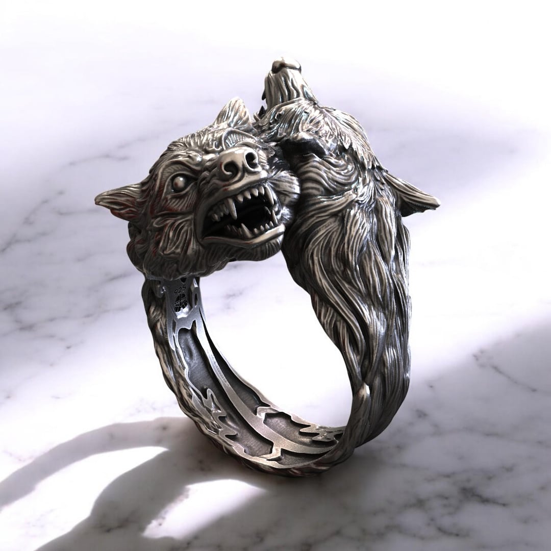 Fierce Wolf Head Ring, 925 Sterling Silver Double Animal Band, Double Wolf Head Handcrafted ...