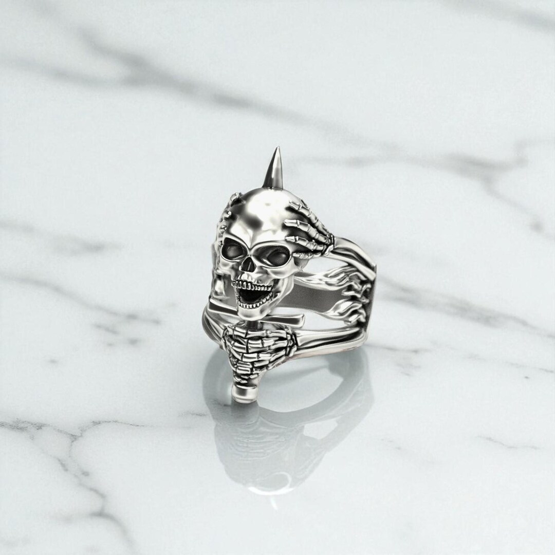 Skeletal Hands Spiked Skull Ring – 925 Sterling Silver Gothic Biker ...