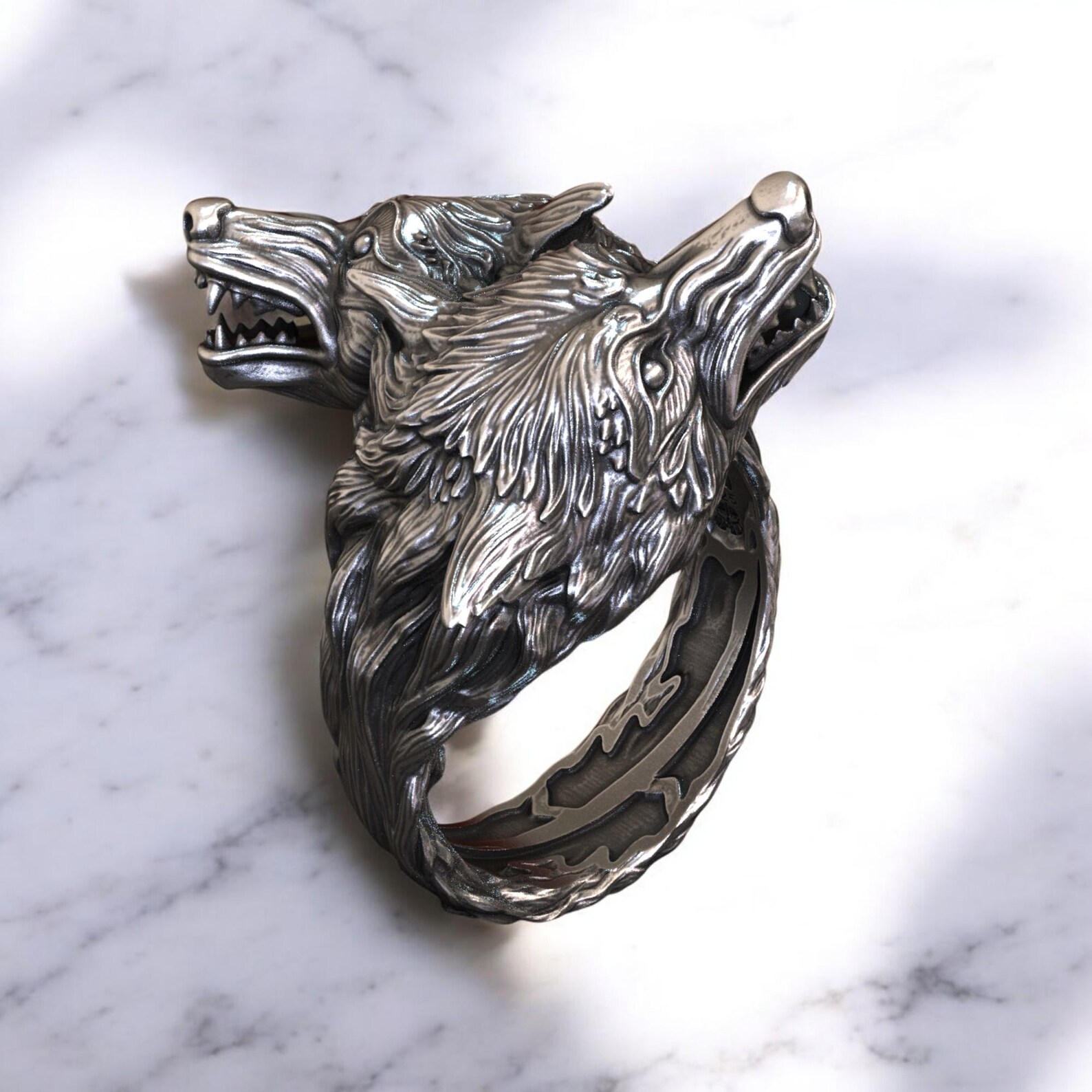Fierce Wolf Head Ring, 925 Sterling Silver Double Animal Band, Double Wolf Head Handcrafted ...