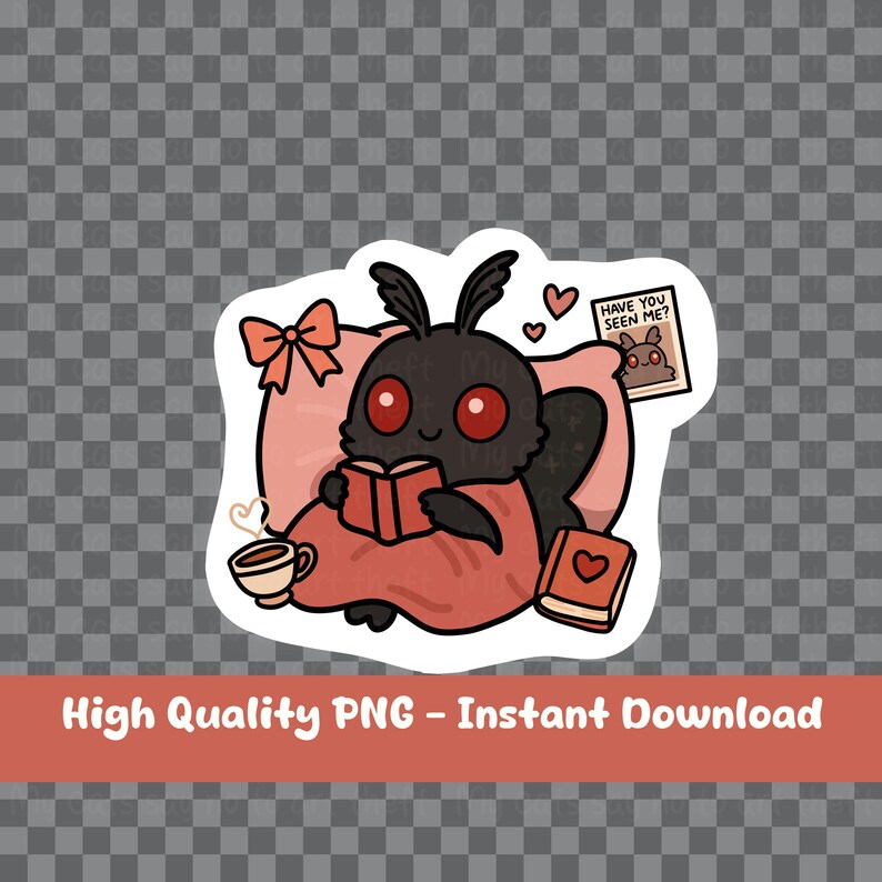Bookish Coquette Mothman Digital Sticker – Cozy Cryptid PNG for ...