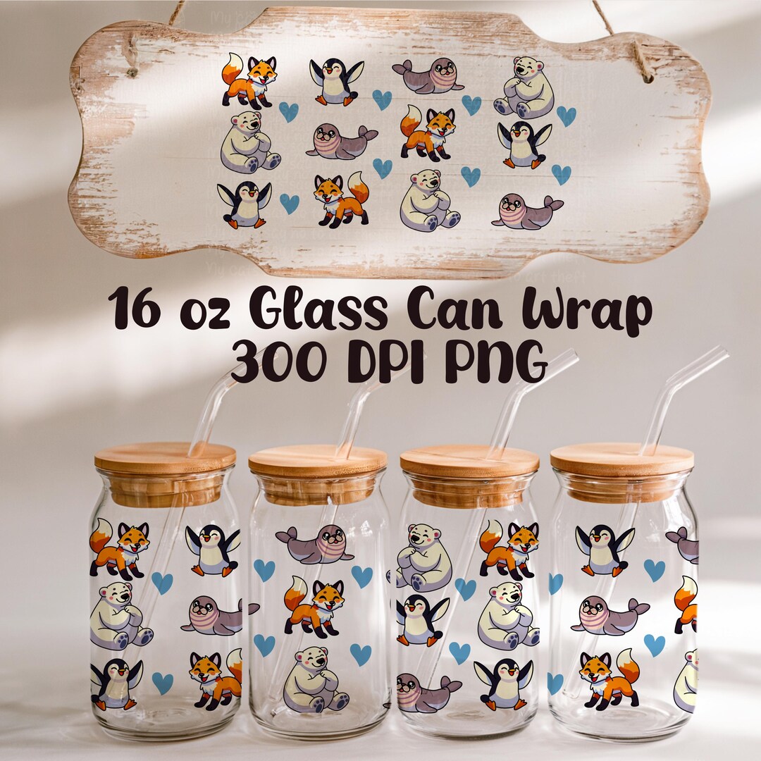 Cute Arctic Animal Glass Can Wrap PNG – Kawaii Polar Bear, Seal, Fox ...