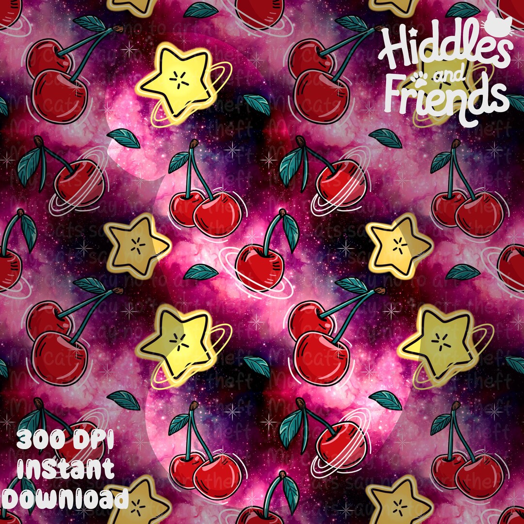 Galaxy Cherries & Starfruit Seamless Pattern | Cosmic Fruit Digital ...