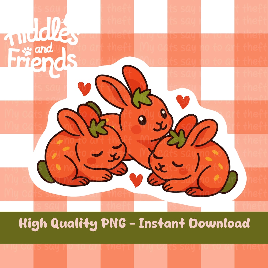 Strawberry Bunny Snuggle Digital Sticker – Cute Fruit Rabbit Family ...